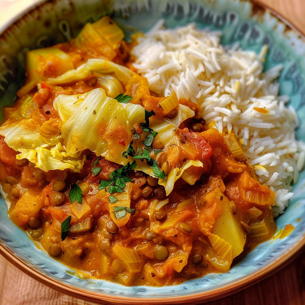 Cabbage & Lentil Vegetable Curry with Rice