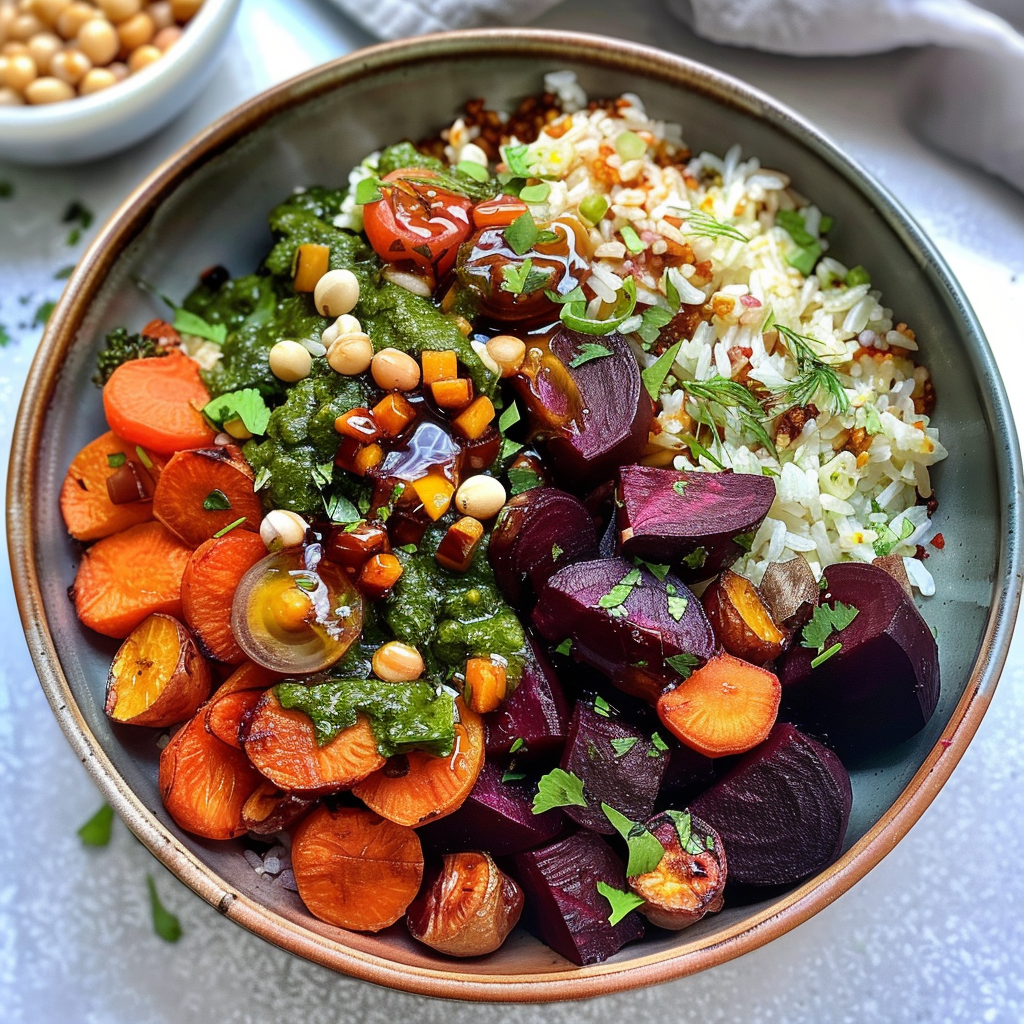 Roasted Beet and Carrot Rice Bowl with Honey-Lime Dressing